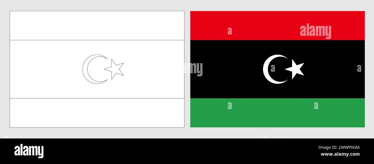 Libya flag - coloring page. Set of white wireframe thin black outline ...