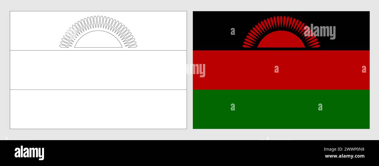 Malawi flag - coloring page. Set of white wireframe thin black outline ...
