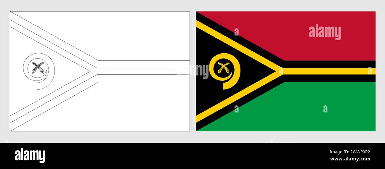 Vanuatu flag - coloring page. Set of white wireframe thin black outline ...