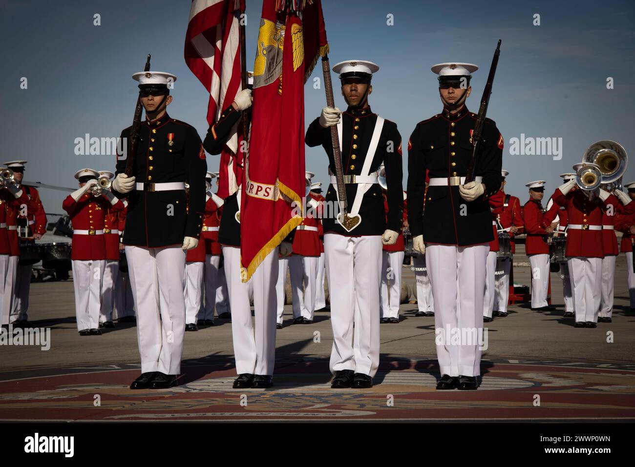 Marines with the Official U.S. Marine Corps Color Guard present the U.S ...