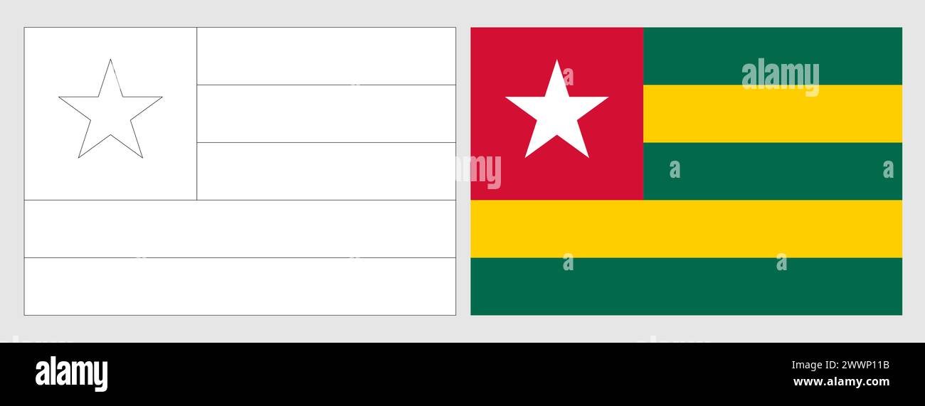 Togo flag - coloring page. Set of white wireframe thin black outline ...