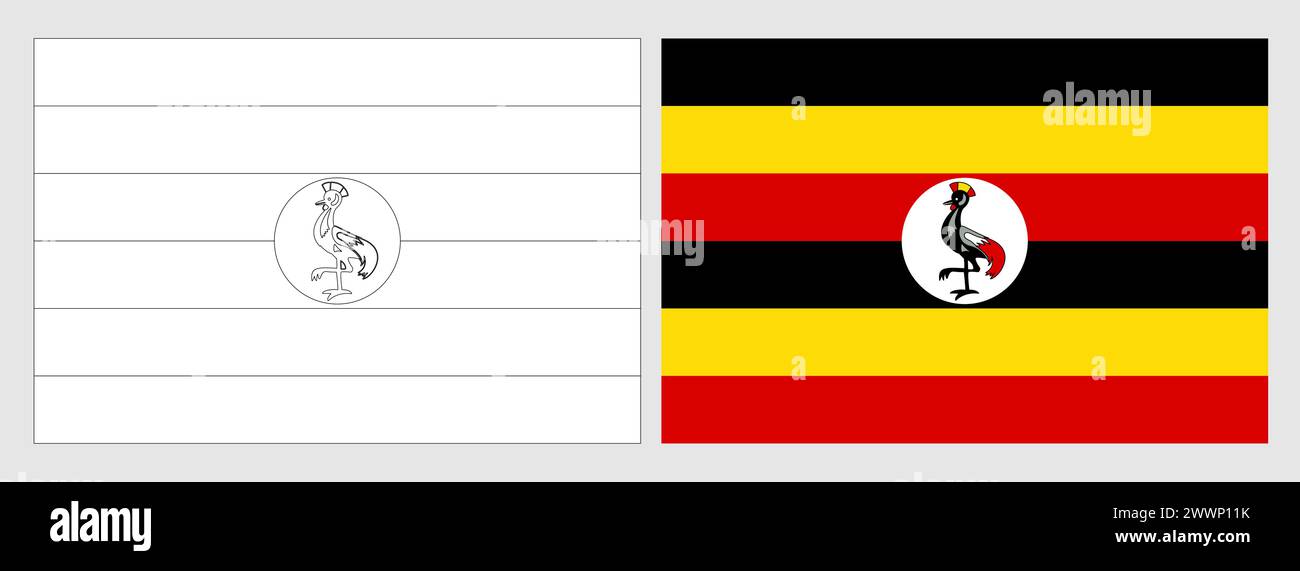 Uganda flag - coloring page. Set of white wireframe thin black outline ...