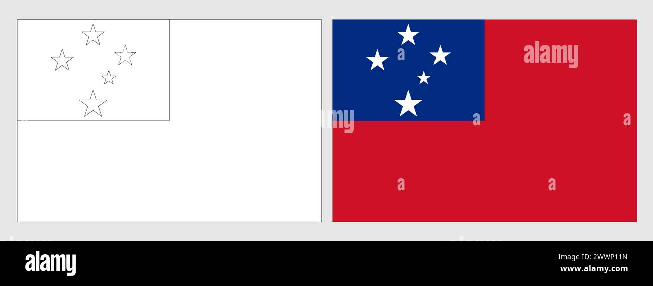 Samoa flag - coloring page. Set of white wireframe thin black outline ...