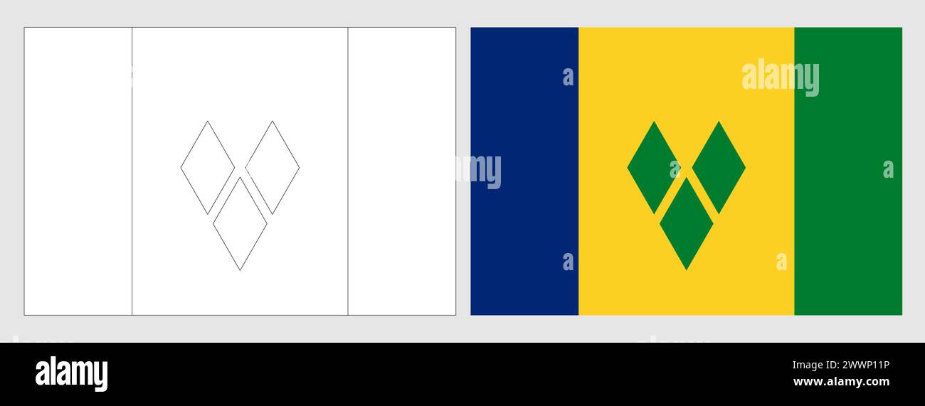 Saint Vincent and the Grenadines flag - coloring page. Set of white ...