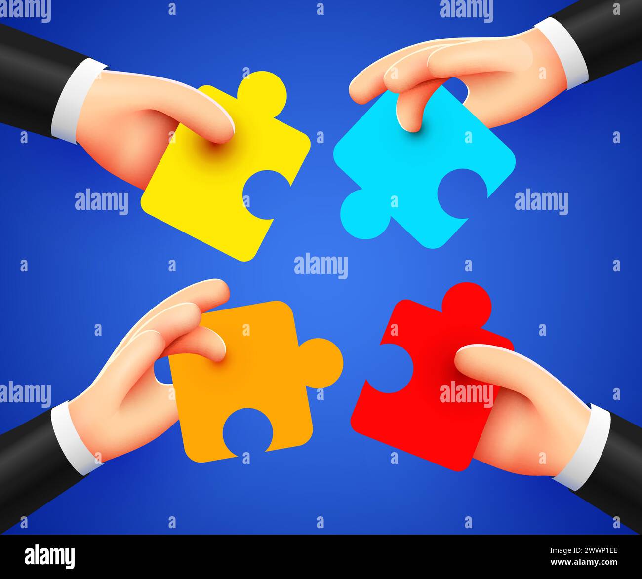 Human hands solve jigsaw puzzle. Concept of team, cooperation. 3d ...