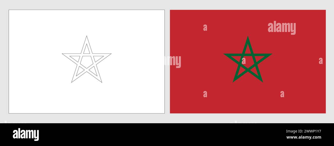 Morocco flag - coloring page. Set of white wireframe thin black outline ...