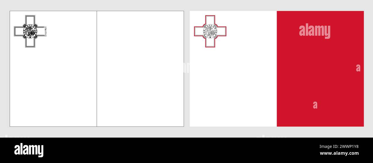 Malta flag - coloring page. Set of white wireframe thin black outline ...