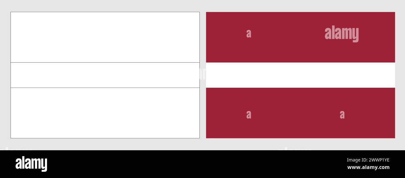 Latvia flag - coloring page. Set of white wireframe thin black outline ...