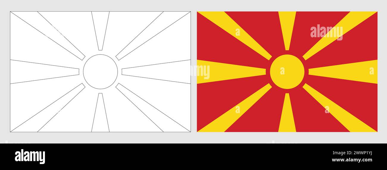 North Macedonia flag - coloring page. Set of white wireframe thin black ...