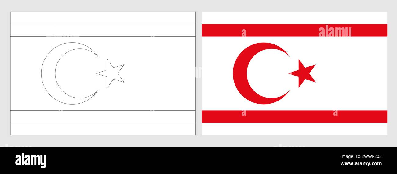 Northern Cyprus flag - coloring page. Set of white wireframe thin black ...