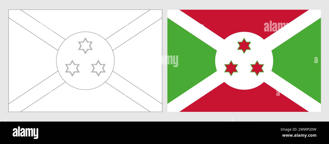 Burundi flag - coloring page. Set of white wireframe thin black outline ...
