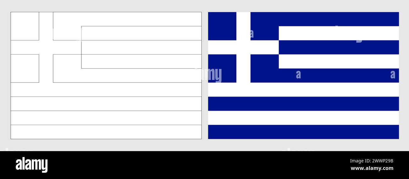 Greece flag - coloring page. Set of white wireframe thin black outline ...