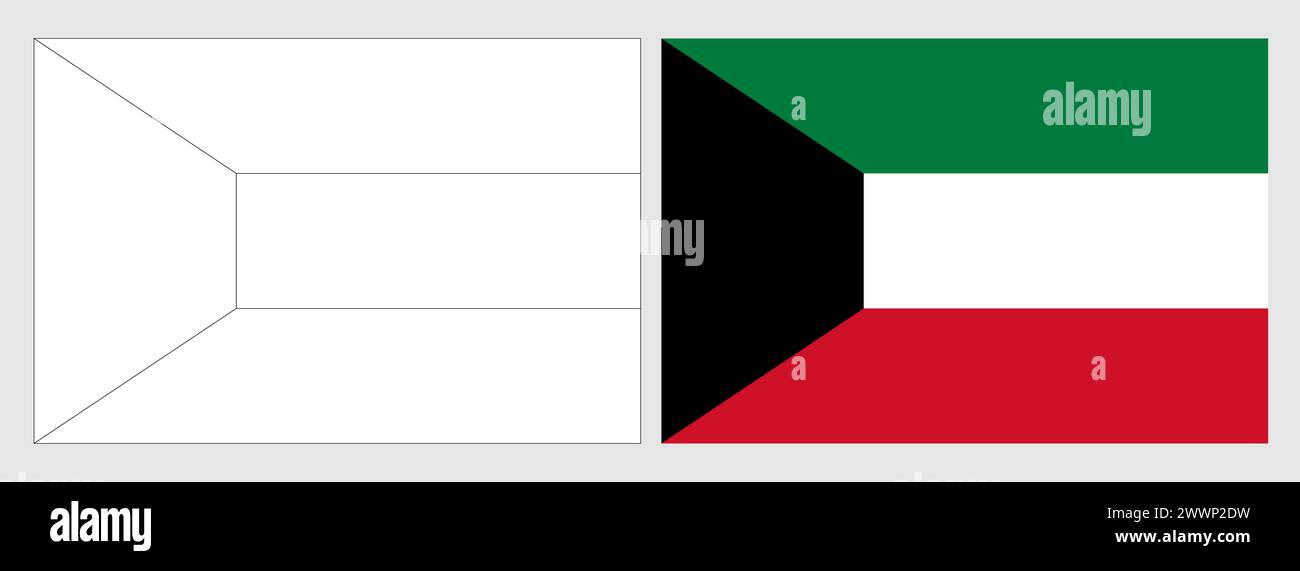 Kuwait flag - coloring page. Set of white wireframe thin black outline ...