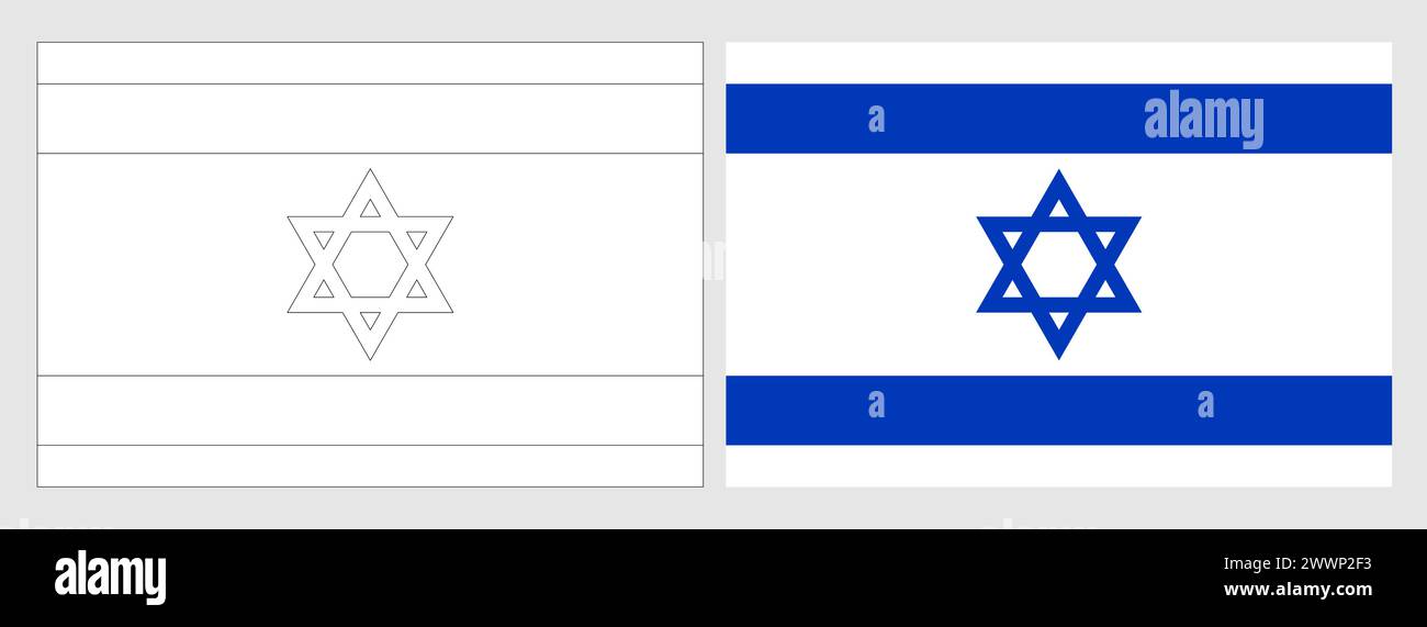 Israel flag - coloring page. Set of white wireframe thin black outline ...