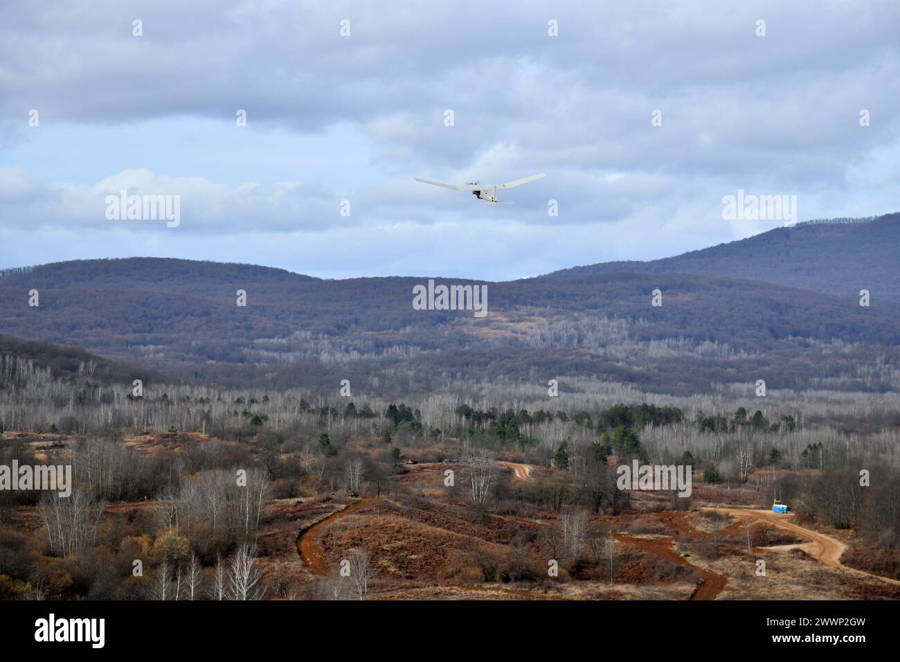 A Puma aerial system flies overhead during Eagle Ursa exercise at the ...
