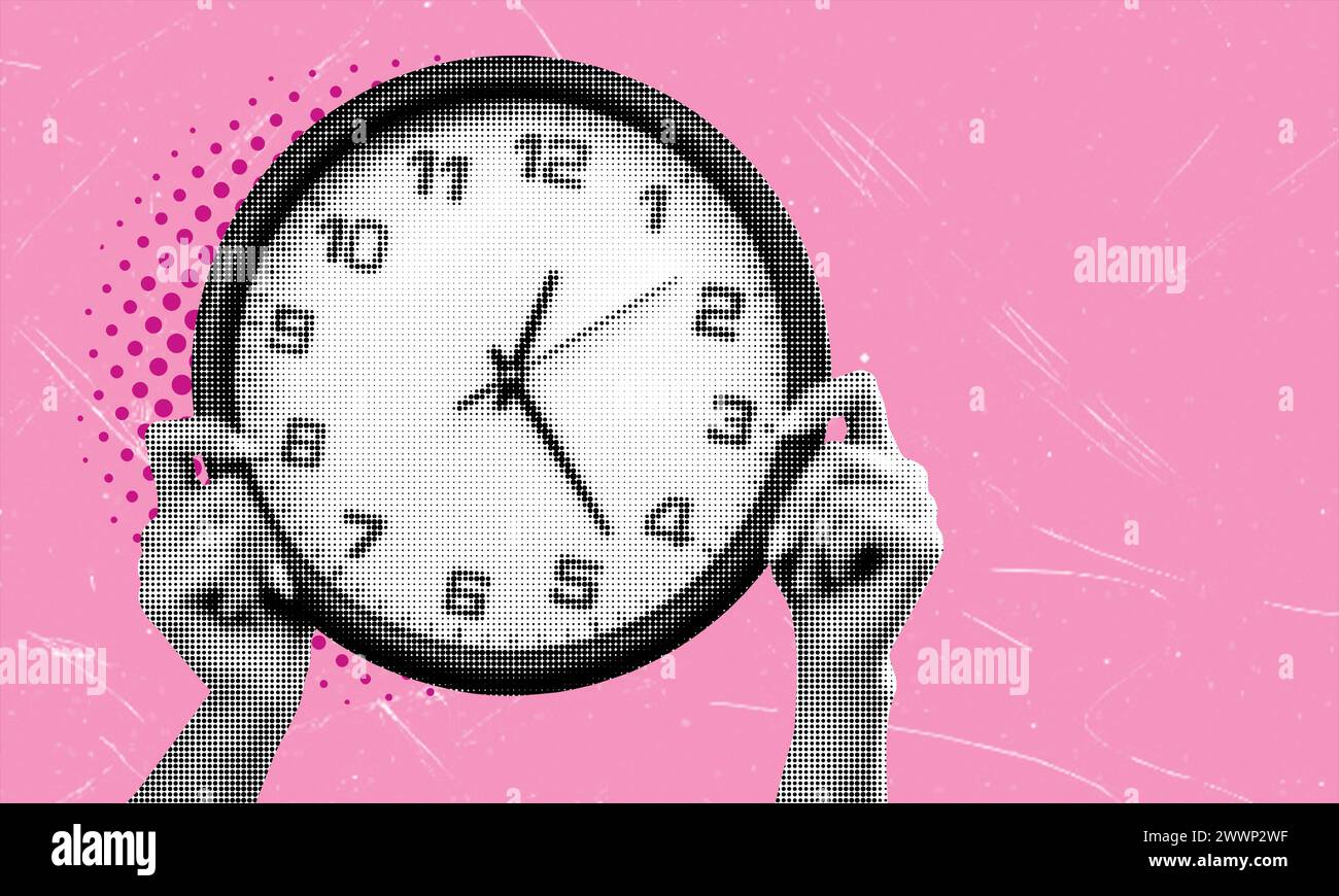 Art collage, time planning, timelapse, time at hand, hand with clock on ...