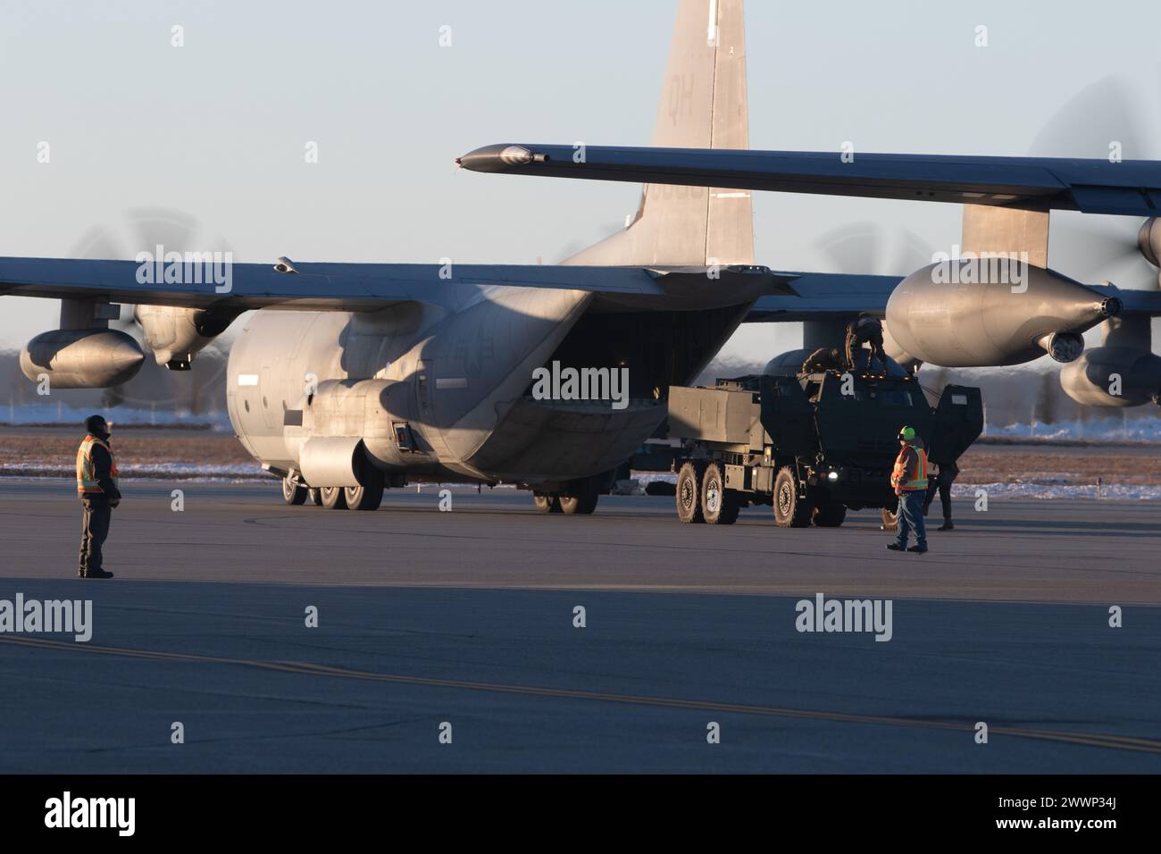 A M142 High Mobility Artillery Rocket System (HIMARS) is unloaded off ...