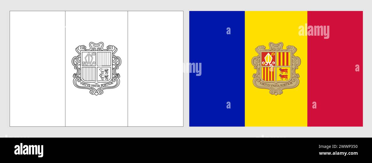 Andorra flag - coloring page. Set of white wireframe thin black outline ...