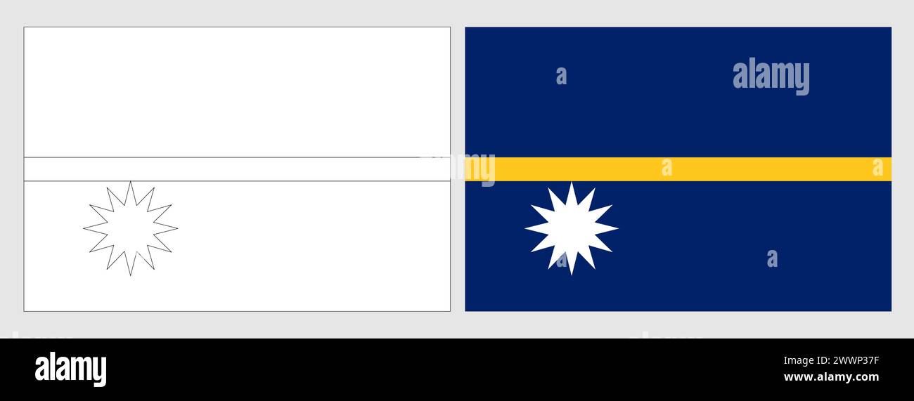 Nauru flag - coloring page. Set of white wireframe thin black outline ...