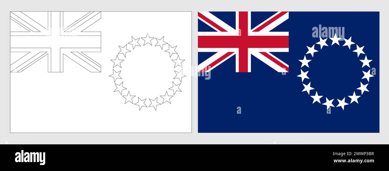 Cook Islands flag - coloring page. Set of white wireframe thin black ...