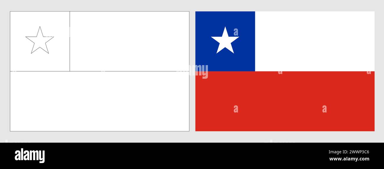 Chile flag - coloring page. Set of white wireframe thin black outline ...
