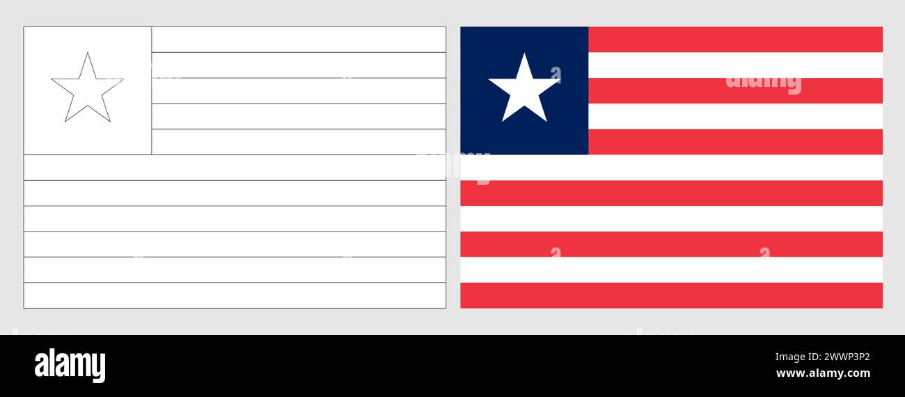 Liberia flag - coloring page. Set of white wireframe thin black outline ...