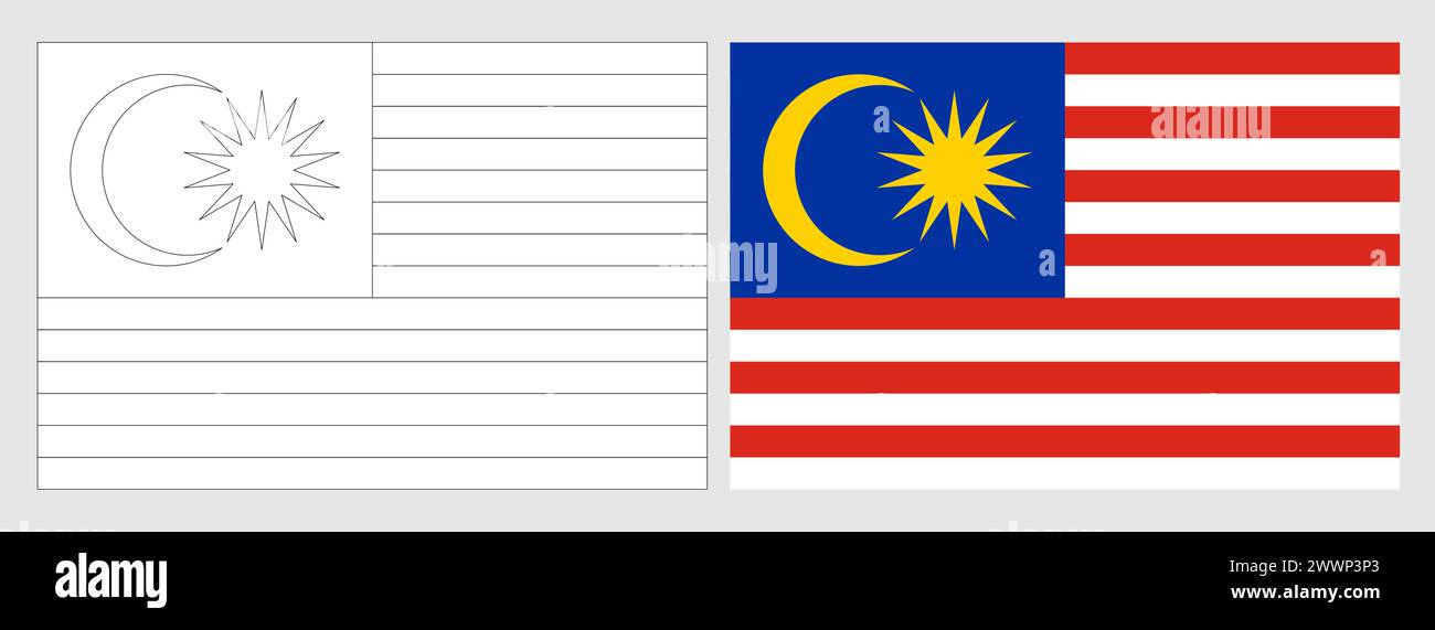 Malaysia flag - coloring page. Set of white wireframe thin black ...