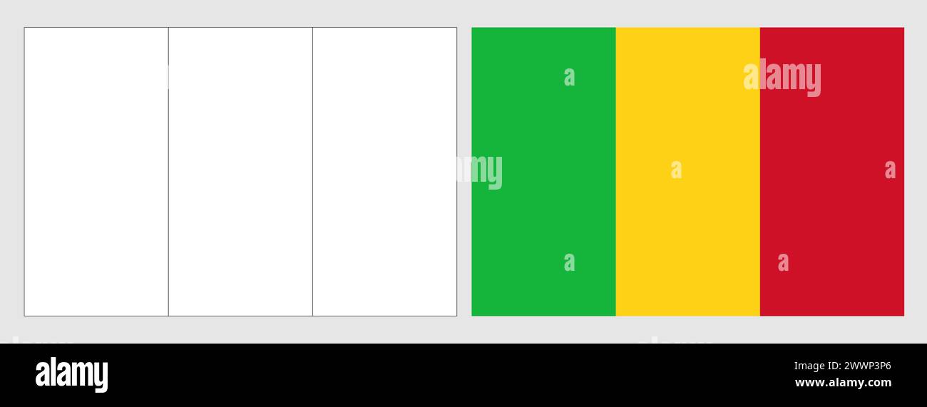 Mali flag - coloring page. Set of white wireframe thin black outline ...