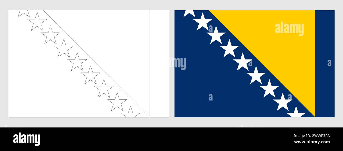 Bosnia and Herzegovina flag - coloring page. Set of white wireframe ...