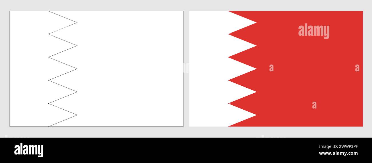 Bahrain flag - coloring page. Set of white wireframe thin black outline ...