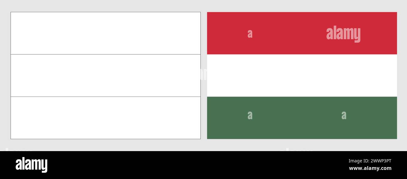 Hungary flag - coloring page. Set of white wireframe thin black outline ...