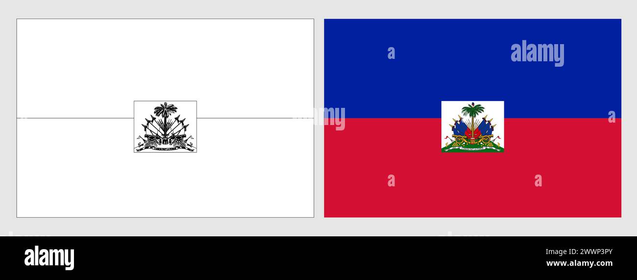 Haiti flag - coloring page. Set of white wireframe thin black outline ...