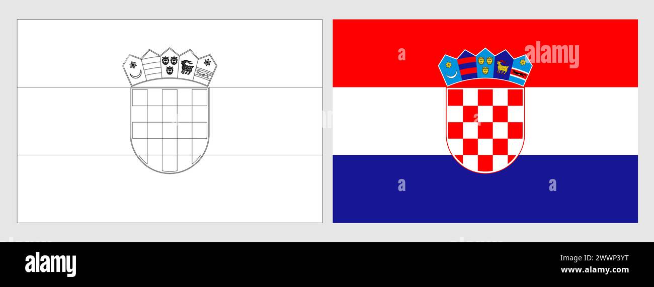 Croatia flag - coloring page. Set of white wireframe thin black outline ...