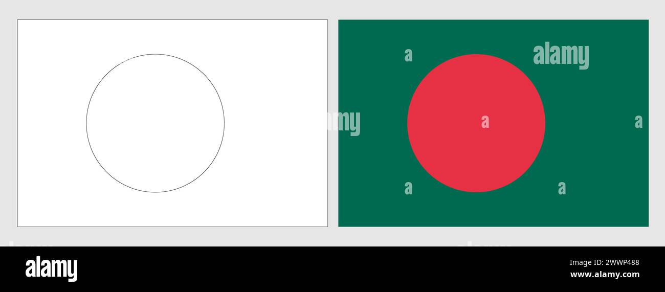 Bangladesh flag - coloring page. Set of white wireframe thin black ...