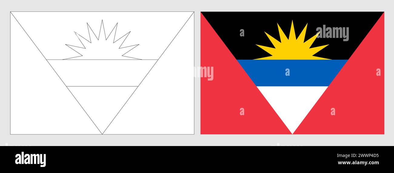 Antigua and Barbuda flag - coloring page. Set of white wireframe thin ...