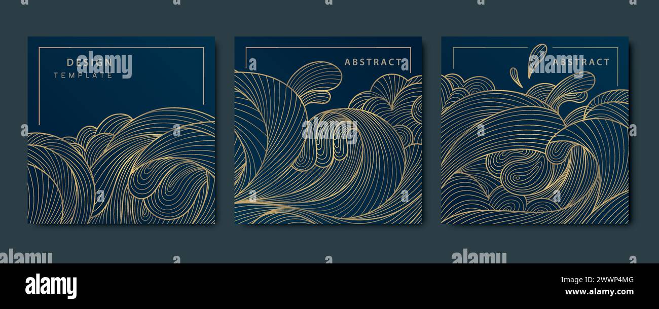 Vector sea waves japanese posters, patterns. Line oriental ornament ...