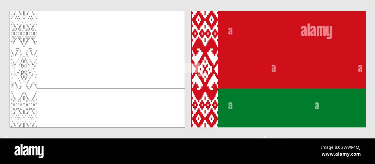 Belarus flag - coloring page. Set of white wireframe thin black outline ...