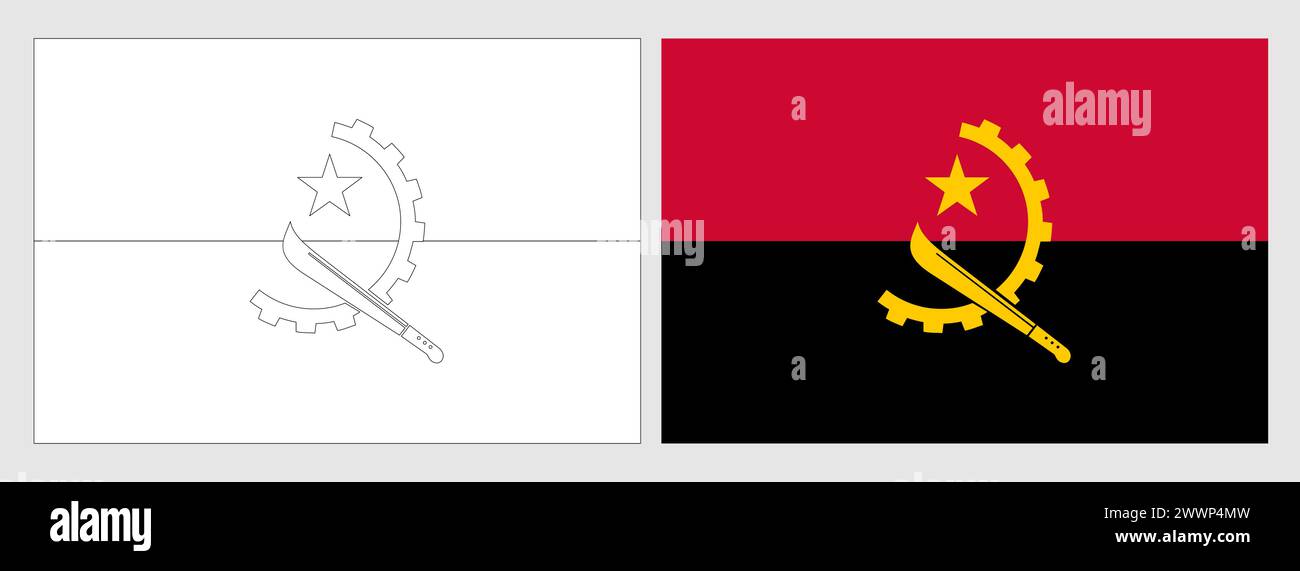 Angola flag - coloring page. Set of white wireframe thin black outline ...