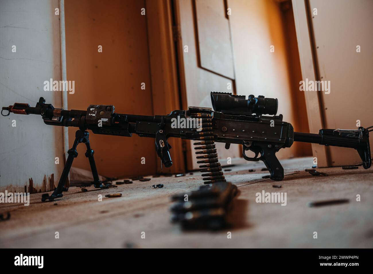 A U.S. Marine Corps M240 machine gun sits ready for use during a Marine ...