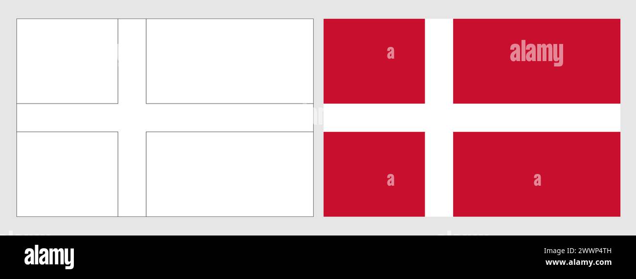 Denmark flag - coloring page. Set of white wireframe thin black outline ...