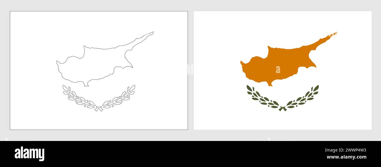 Cyprus flag - coloring page. Set of white wireframe thin black outline ...