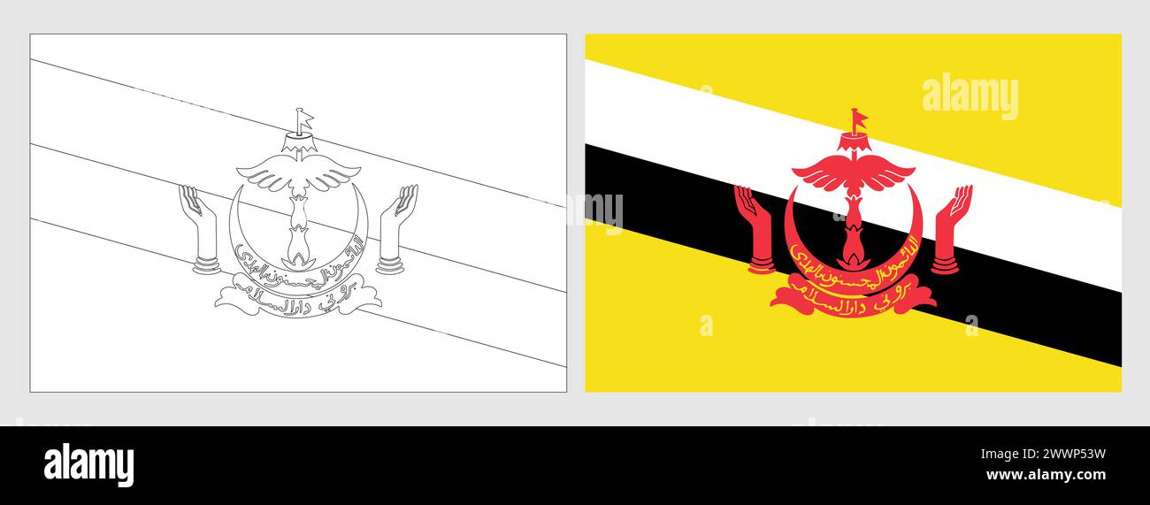 Brunei flag - coloring page. Set of white wireframe thin black outline ...