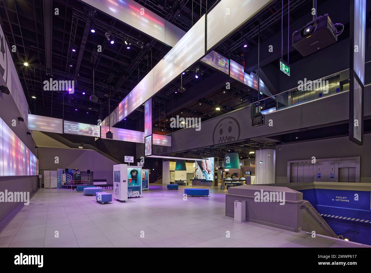 Interior of museum, with illuminated panels and exhibits. Dutch ...