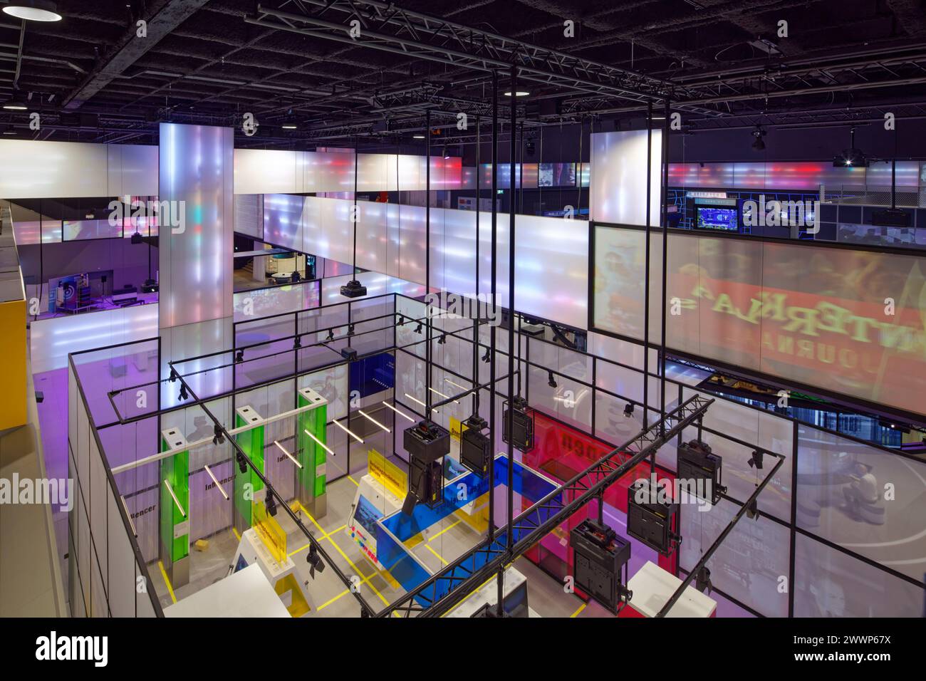 Interior of museum, with illuminated panels and exhibits. Dutch ...