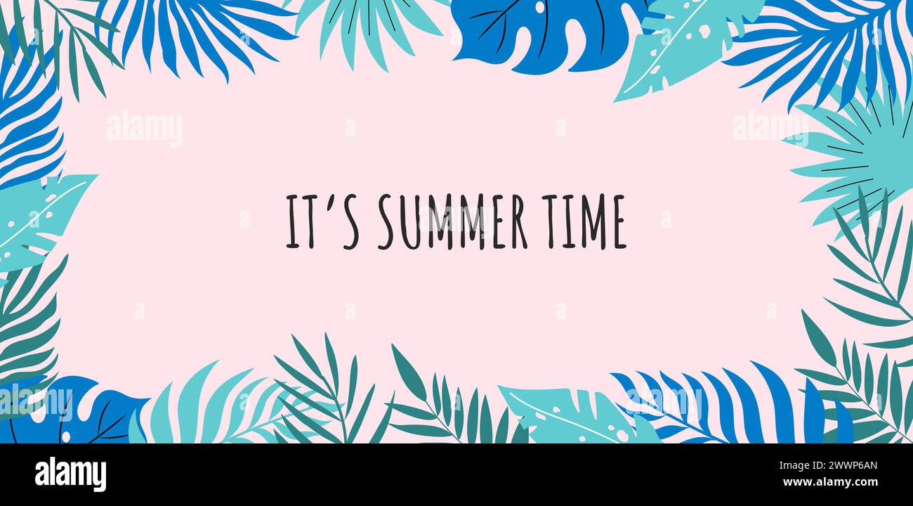 Its summer time colourful handdrawn banner with palm leaves on pink ...