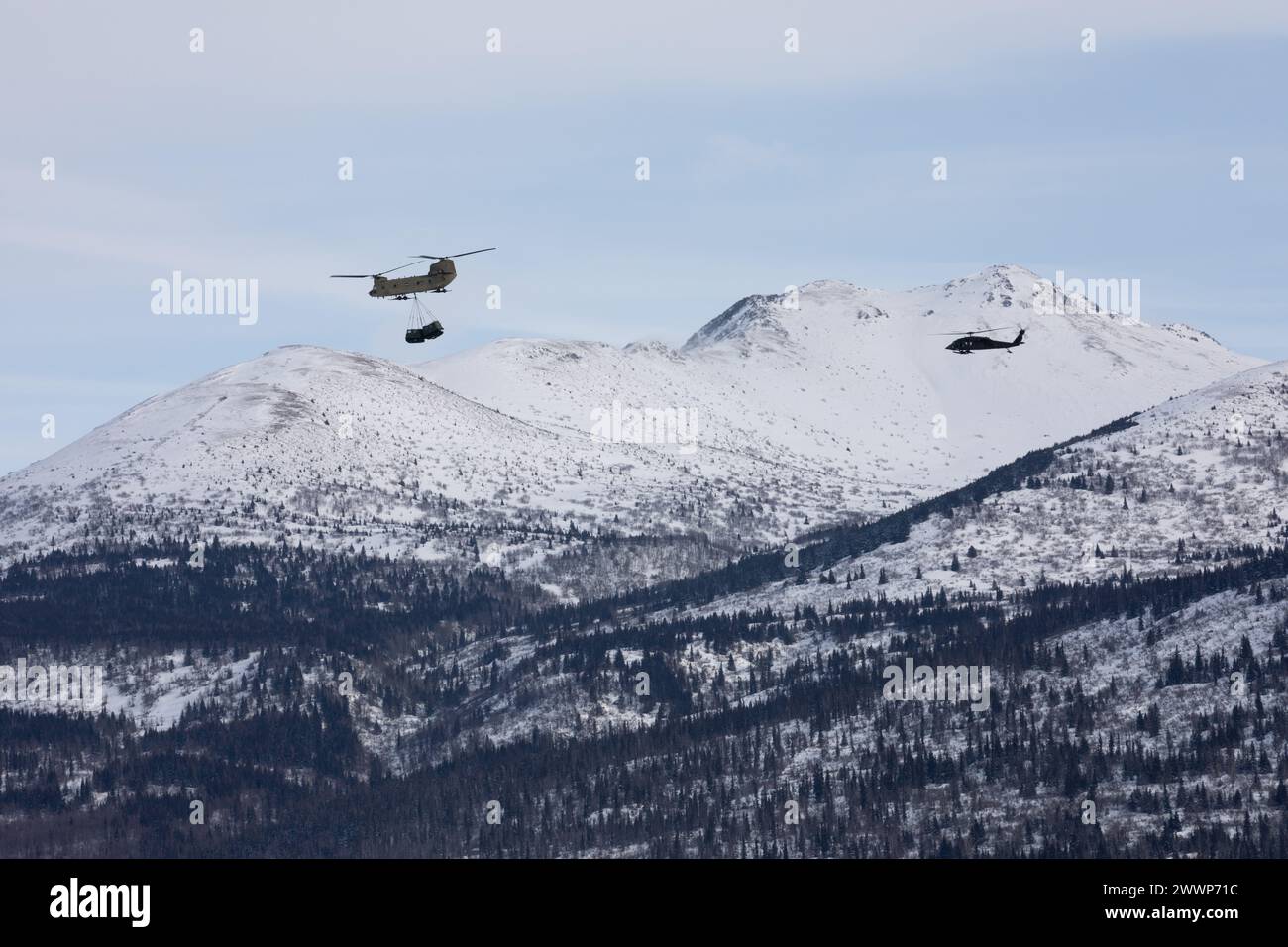 An Alaska Army National Guard CH-47F Chinook helicopter transports a ...