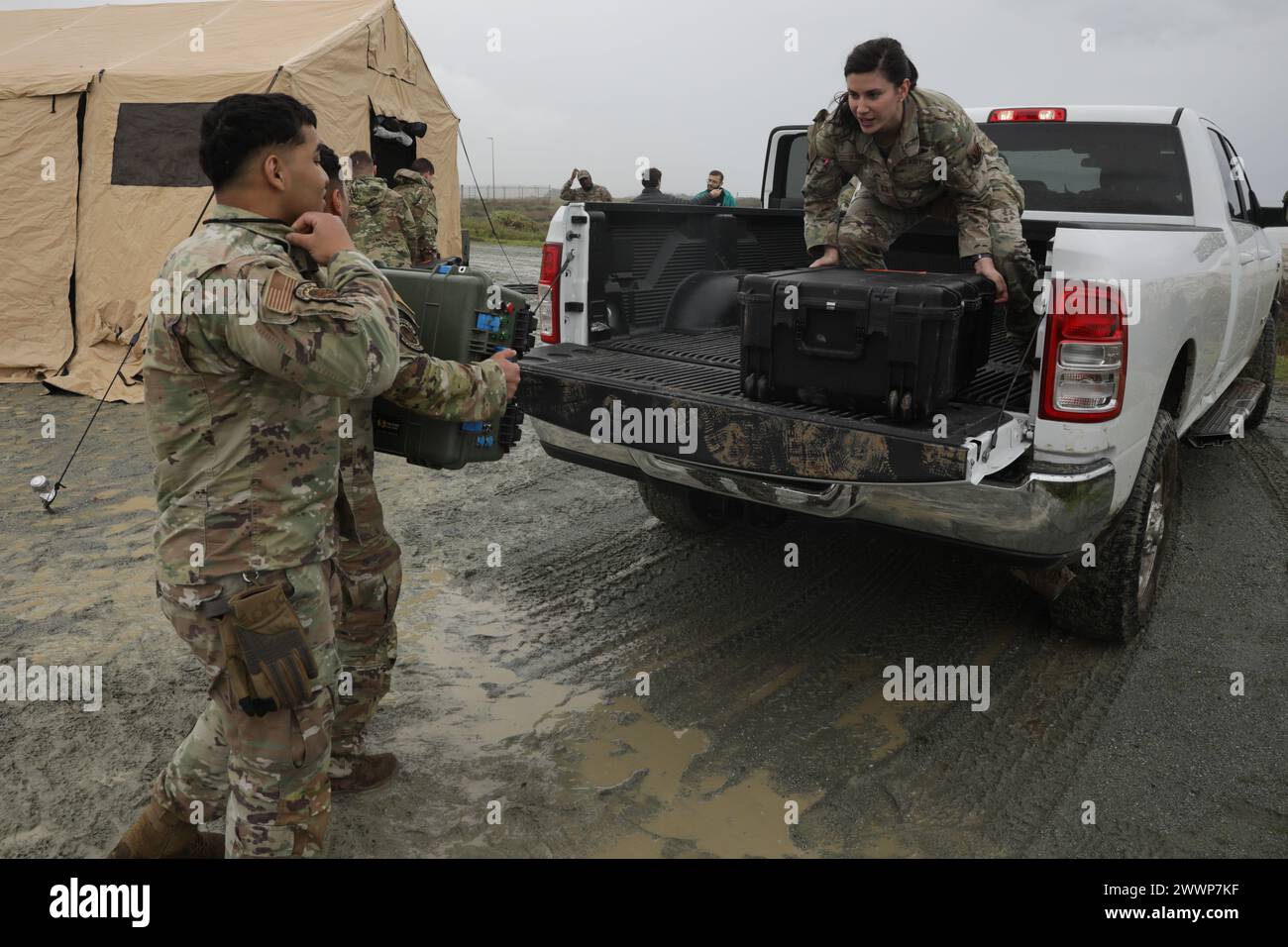 U.S. Airmen assigned with the 726th Air Control Squadron, 366th Operations Group, setup a ...