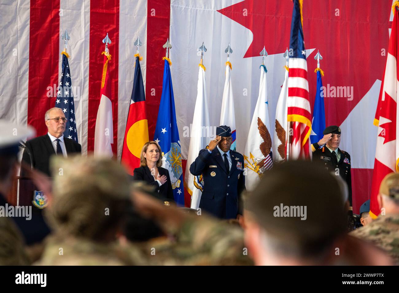Members of the official party pay respect and render a salute during ...