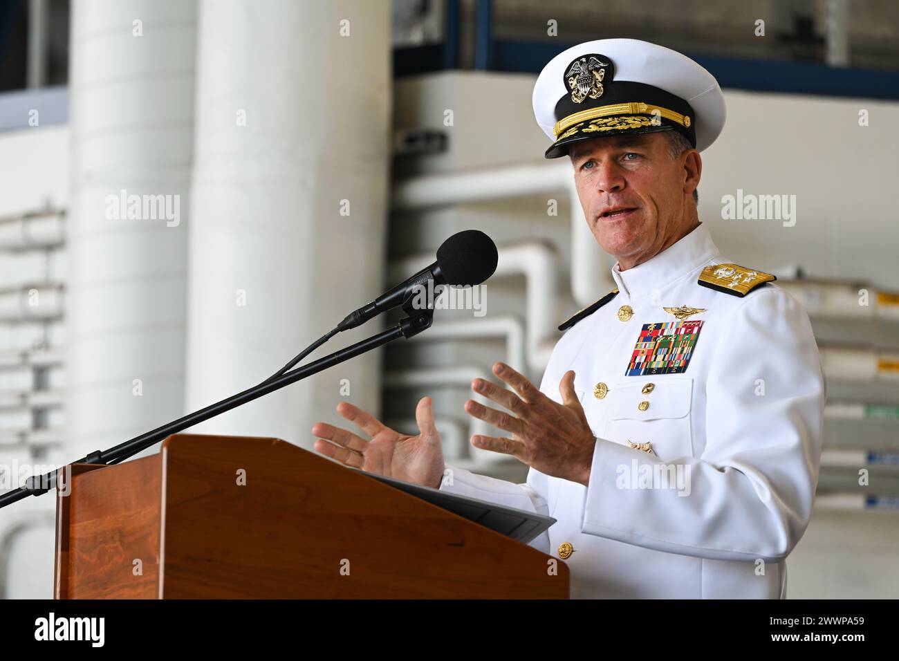U.S. Navy Adm. John Aquilino, commander of U.S. Indo-Pacific Command, speaks during a change of ...