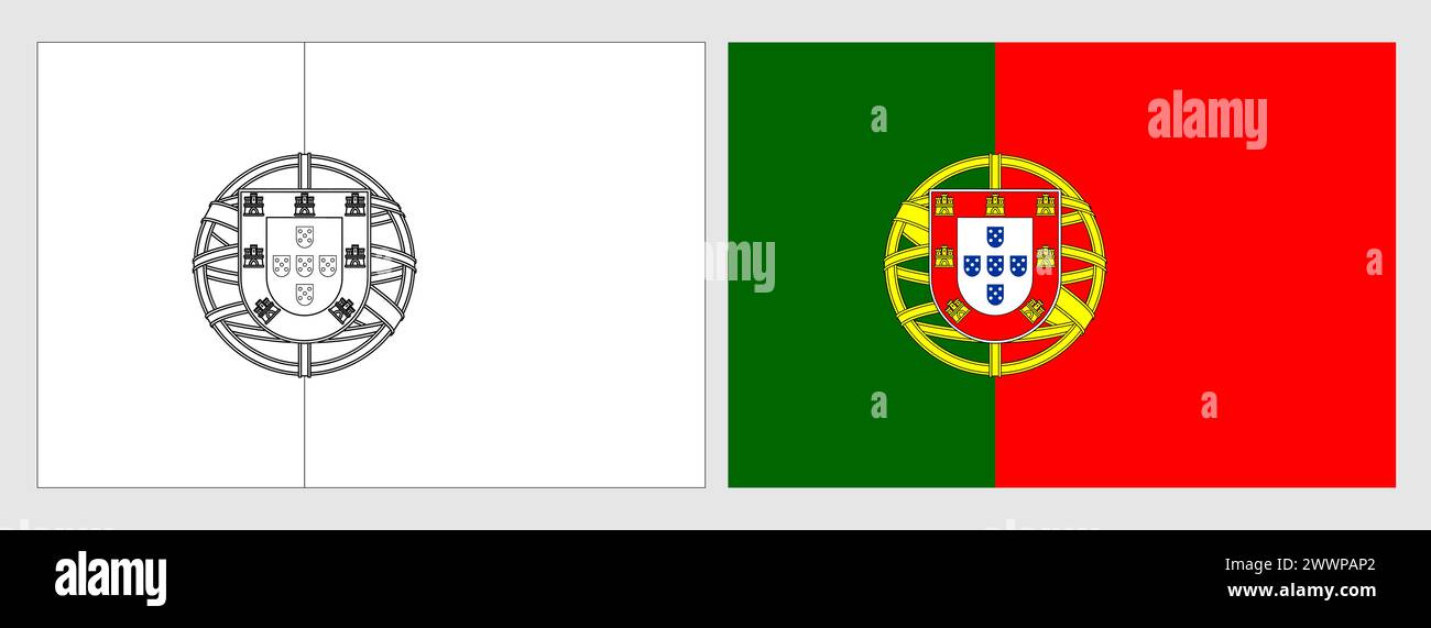 Portugal flag - coloring page. Set of white wireframe thin black ...